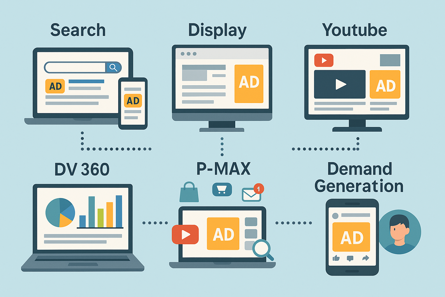 検索広告、ディスプレイ広告、YouTube広告、DV360広告、P-MAX広告、デマンドジェネレーション広告それぞれの使い方や、メリットや ...